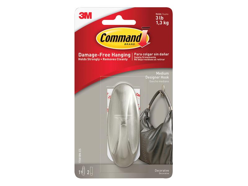Command 17081BN-ES Medium Designer Hook, Brushed Nickel Effect