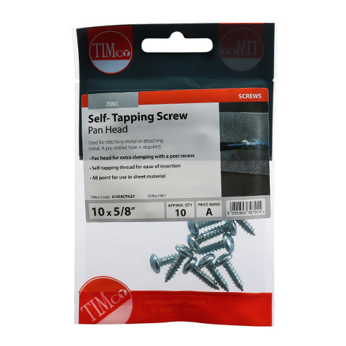 TIMCO Self-Tapping Pan Head Silver Screws - 10 x 5/8 TIMpac OF 10 - 01